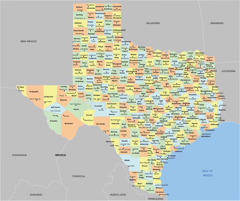 Texas County Map with 254 Counties Stock Vector - Illustration of state ...