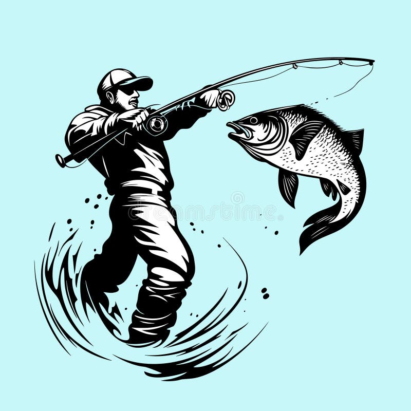 Exciting Black-and-White Illustration of a Fisherman Hooking a Bass ...