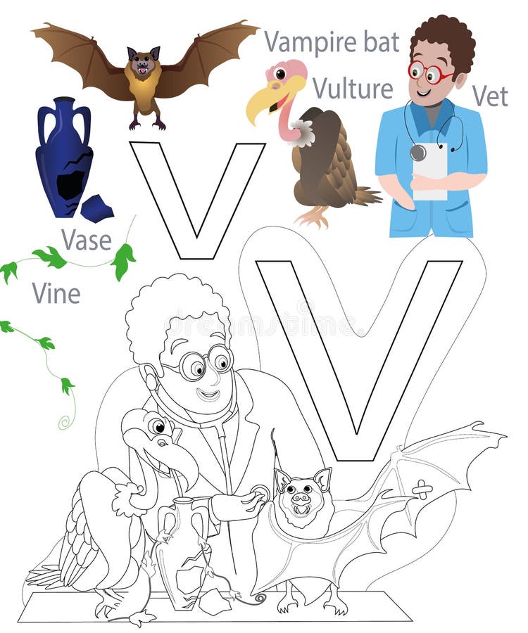 Capital Simple Letter V Words Picture Coloring Page Stock Illustration ...