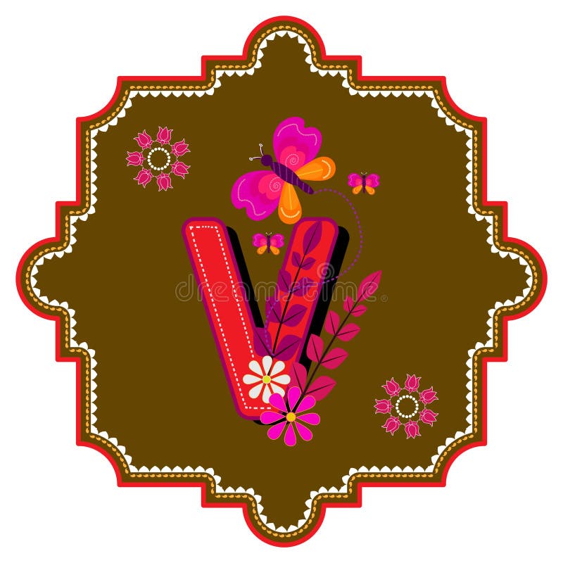 Letter V. Alphabet V Sticker. Floral Type with Butterflies. Lotus and ...