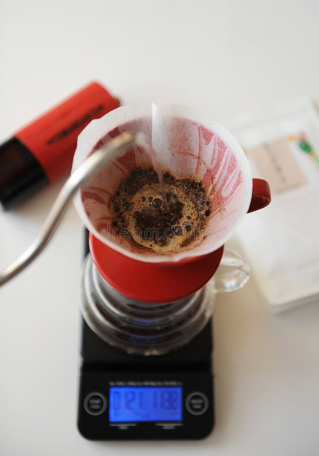 V60 Coffee Brewing, Top View. Red Dripper, Electronic Scales. on White ...