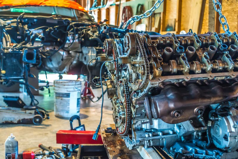 V8 Engine from Car Being Rebuilt in Garage Stock Photo - Image of block ...