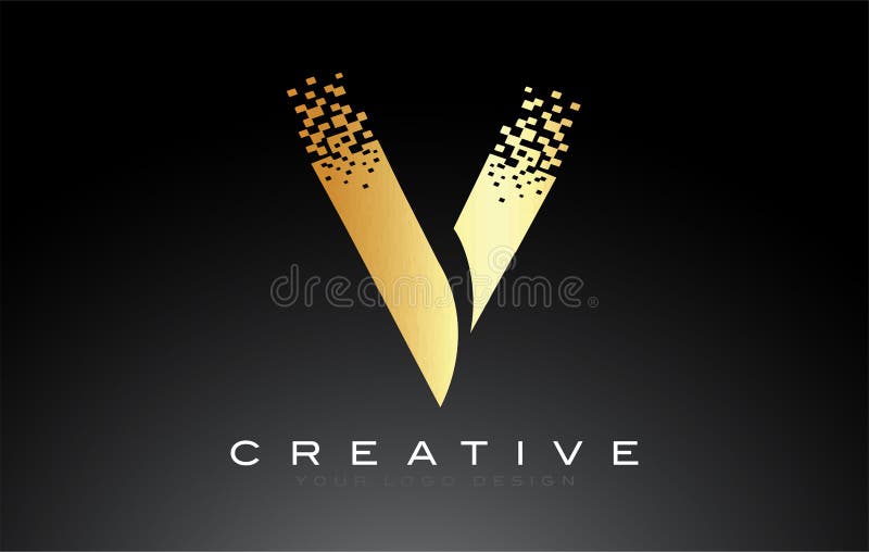 V Initial Letter Logo Design with Digital Pixels in Golden Colors Stock ...