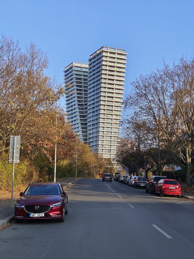 V-shaped Skyscraper in Prague, Modern Architecture in Afternoon Light ...