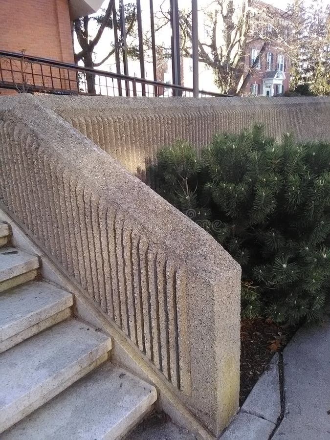 Stairs and Banister with Evergreen Tree Stock Photo - Image of front ...