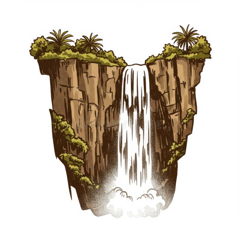 V-Shaped Waterfall Cliff Tropical Landscape Illustration Stock ...