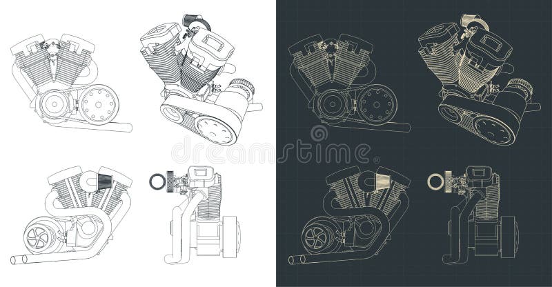 V-Twin Motorcycle Engine Blueprints Stock Vector - Illustration of ...