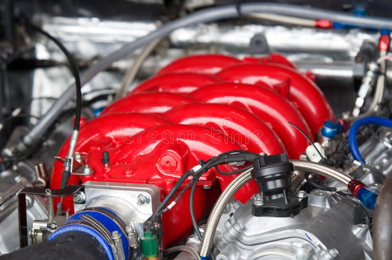 V8 racing car engine stock image. Image of manifold, engine - 26732459