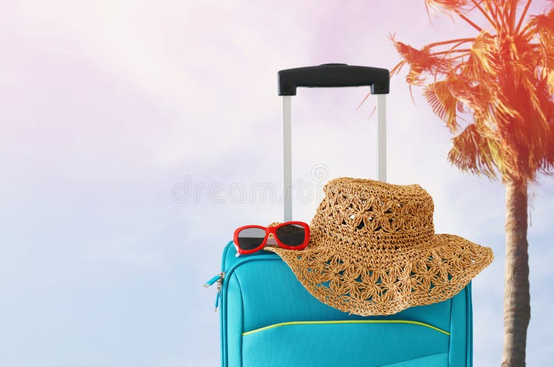 Vacances Concept De Course Valise Bleue Devant Le Fond Tropical Image ...