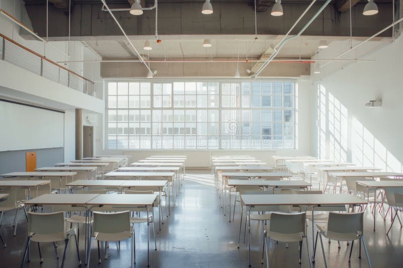 A Vacant Classroom with Rows of White Desks and Chairs Neatly Arranged ...