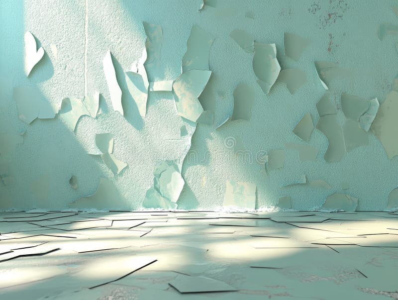 A Vacant Mint Green Room with Chipped Paint and Rays of Sunlight Stock ...