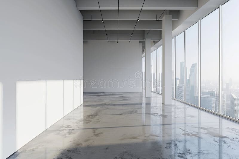 Vacant Modern Room with Large Windows, Concrete Floor, and City View ...