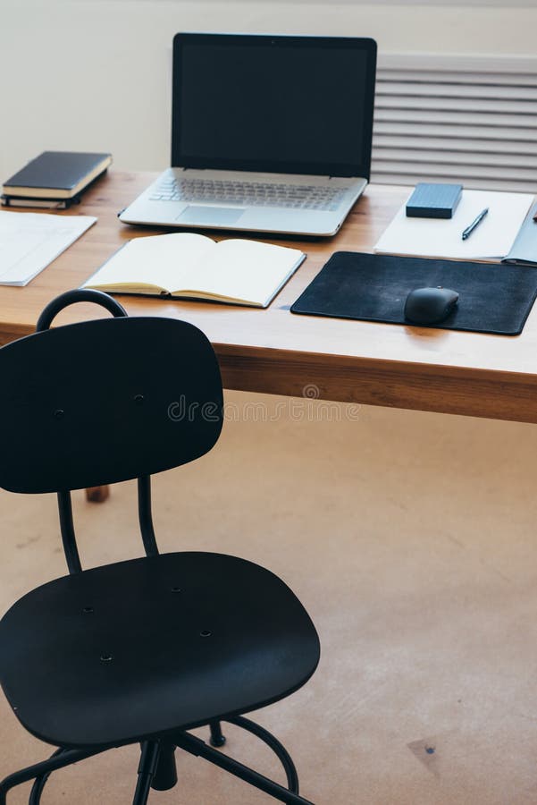 Empty Work Desk Office with Mug, Pencil and File Document a Wood Stock ...