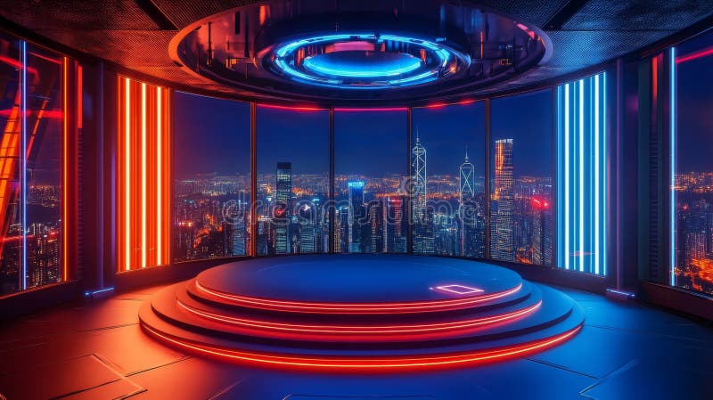 A Vacant Platform in a High-tech Building, with the City Skyline ...