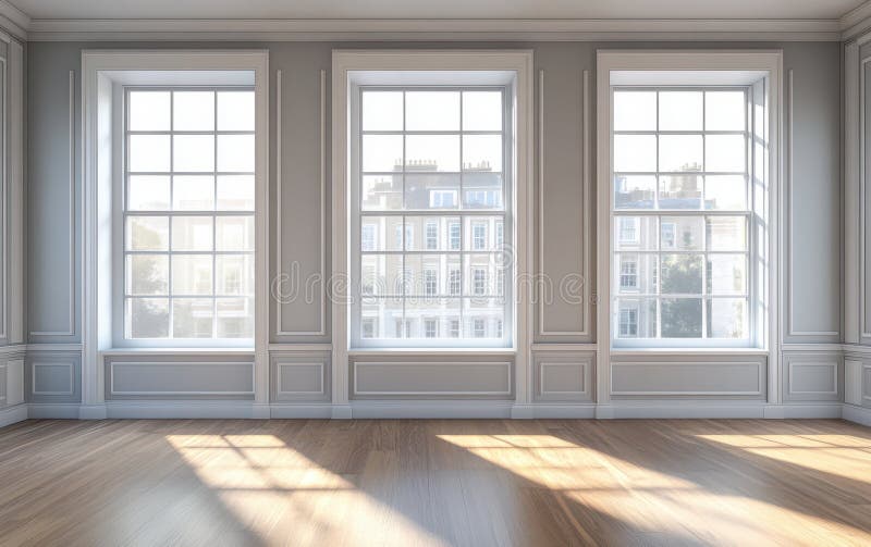 A Vacant Room Featuring a Smooth Wooden Floor and Three Large Windows ...