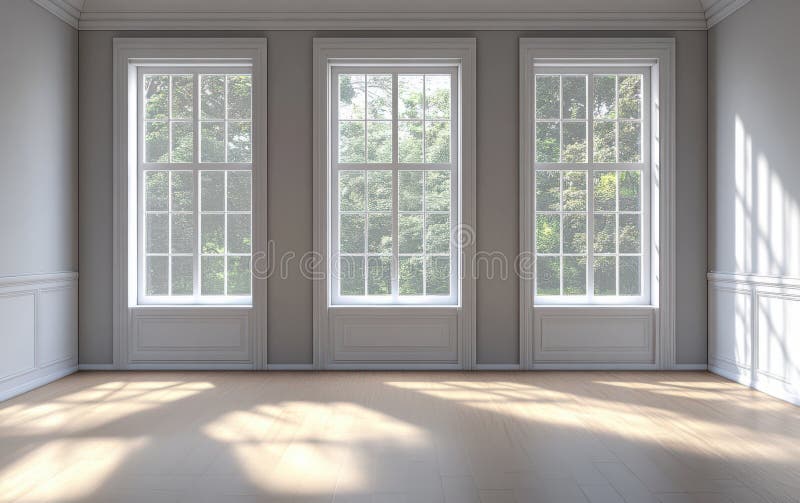 A Vacant Room Featuring a Smooth Wooden Floor and Three Large Windows ...