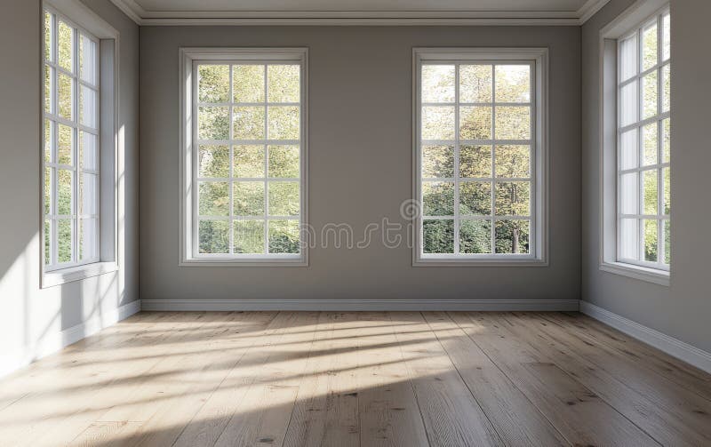 A Vacant Room Featuring a Smooth Wooden Floor and Three Large Windows ...