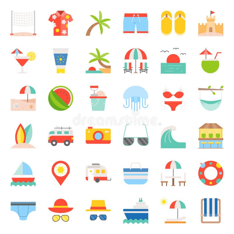 Vacation on the Beach Flat Icon Set Stock Vector - Illustration of ...