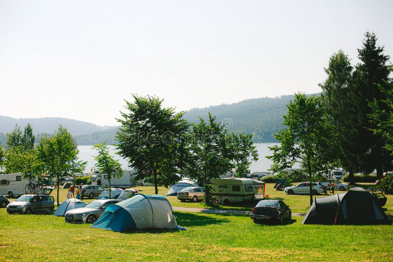 Vacation in Camping Near Lake Stock Photo - Image of nature, caravan ...