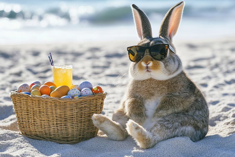 On Vacation with a Cocktail, Easter Bunny on the Beach. Stock Image ...