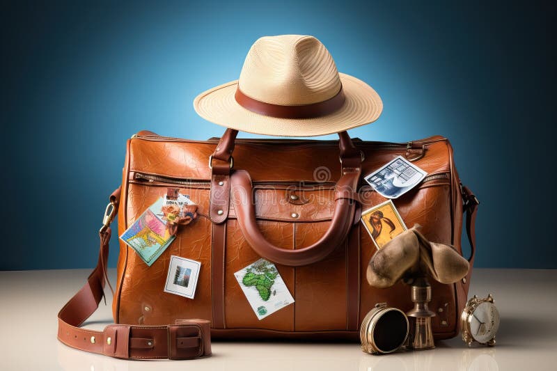 Vacation Concept, Large Classic Brown Leather Travel Bag with Hat Stock ...