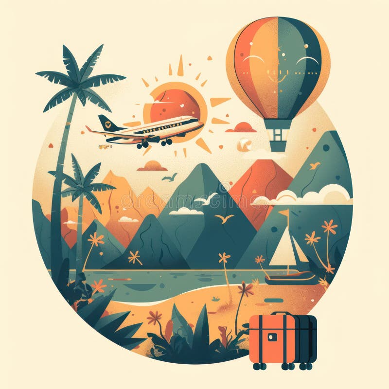 Vacation Destination Illustration with Mountains, Palm Trees, and ...