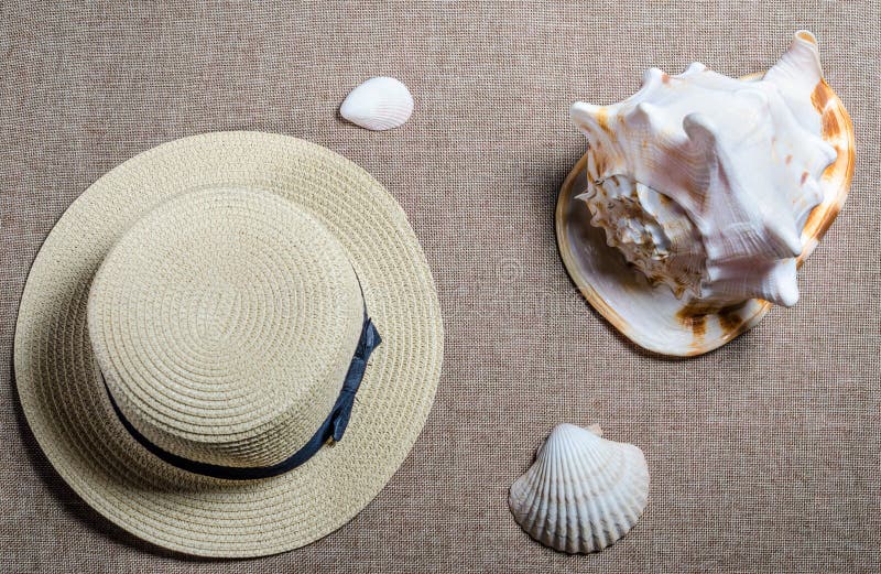 Vacation Flat View with Straw Hat and Sea Shellssea Shells Stock Image ...