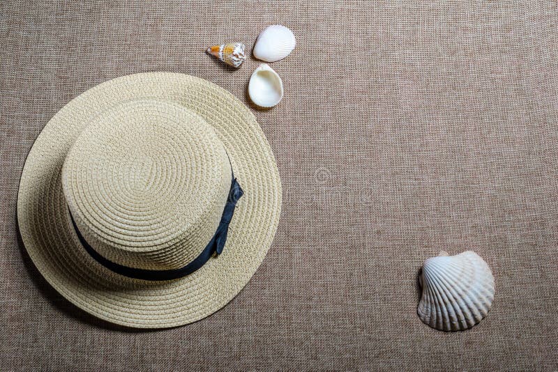 Vacation Flat View with Straw Hat and Sea Shells Stock Image - Image of ...