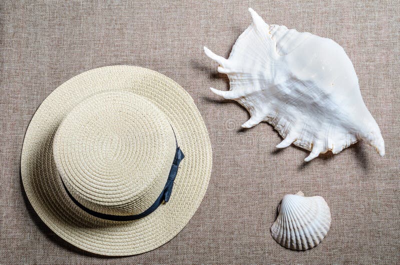Vacation Flat View with Straw Hat and Sea Shellssea Shells Stock Photo ...