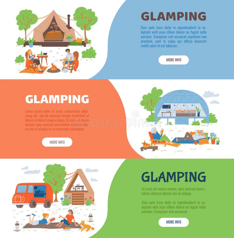 Vacation in Glamping Flyers or Banners Bundle, Flat Vector Illustration ...