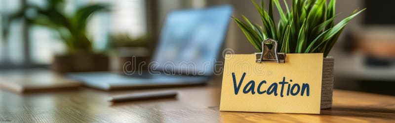 Vacation Note on Workspace Desk with Laptop Behind Stock Photo - Image ...