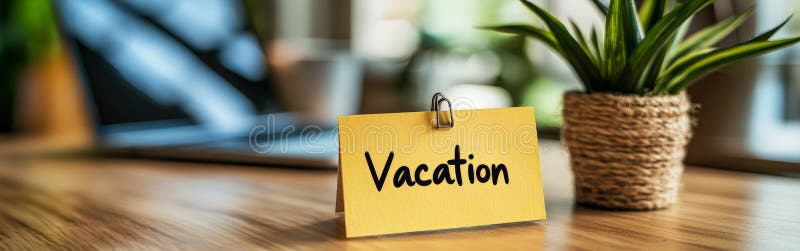 Vacation Note on Workspace Desk with Laptop Behind Stock Photo - Image ...