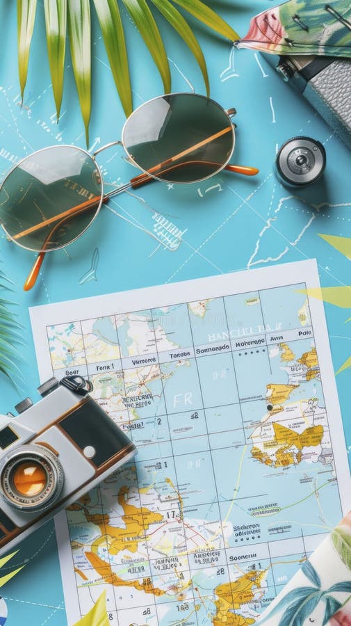 Vacation Planning Essentials with Map, Sunglasses, and Camera on Blue ...