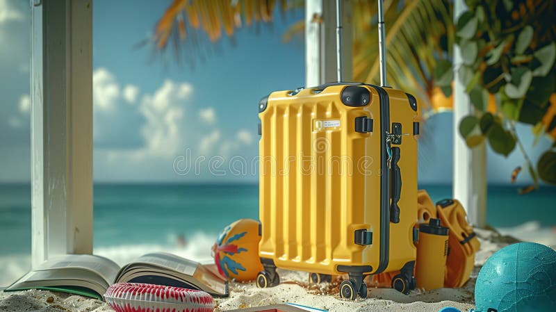 Vacation Ready: Yellow Suitcase on a Tropical Beach Stock Illustration ...