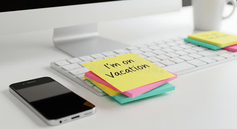 Vacation Reminder Note on Computer Keyboard with Phone Stock ...