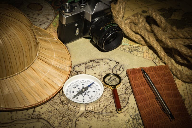 Vacation Travel Planning with Map, Compass Stock Image - Image of route ...