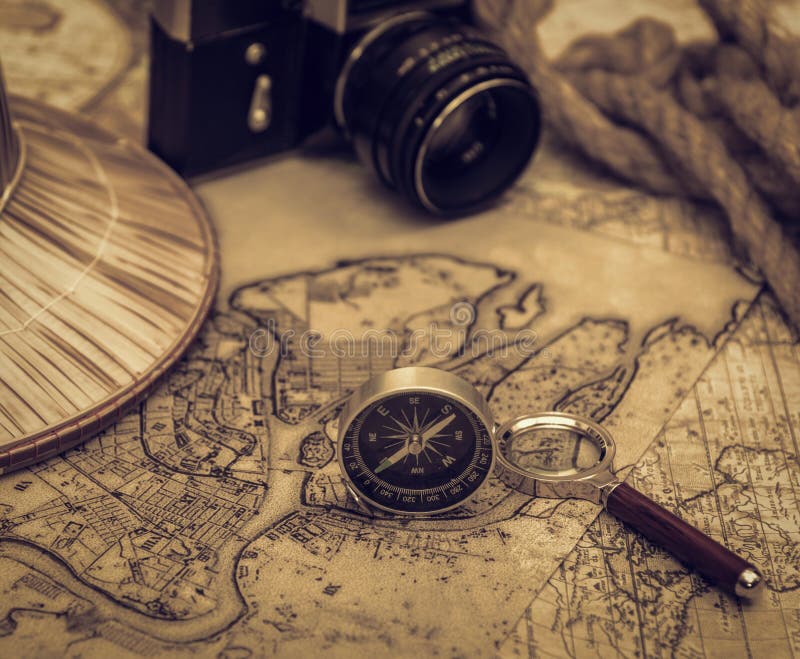 Vacation Travel Planning with Map, Compass Stock Image - Image of ...