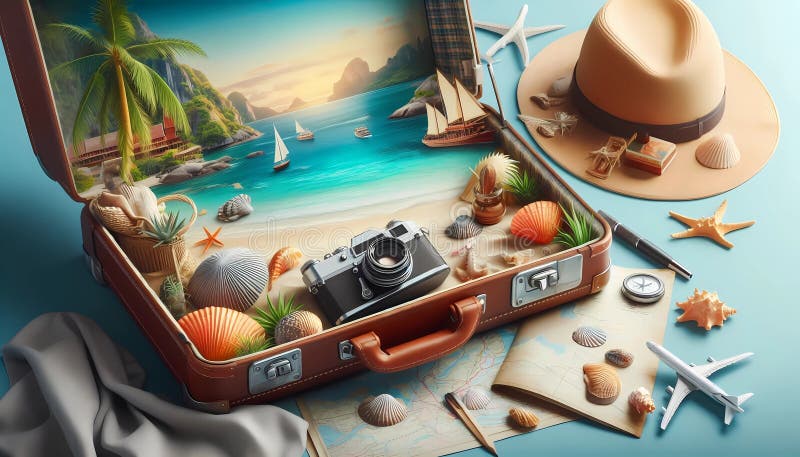 Goo Vacation Travel Time Banner, Open Travel Suitcase with Exotic ...