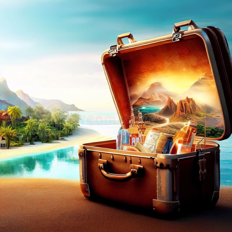 Vacation Travel Time, Open Travel Suitcase with Exotic Destination ...