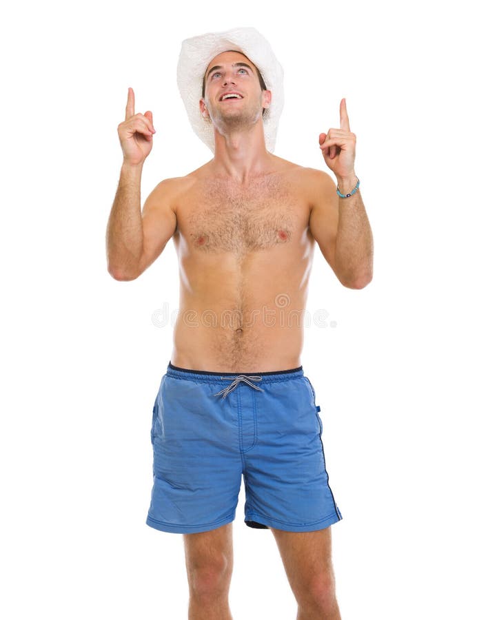 On Vacation Young Man and Hat Pointing Up Stock Image - Image of ...