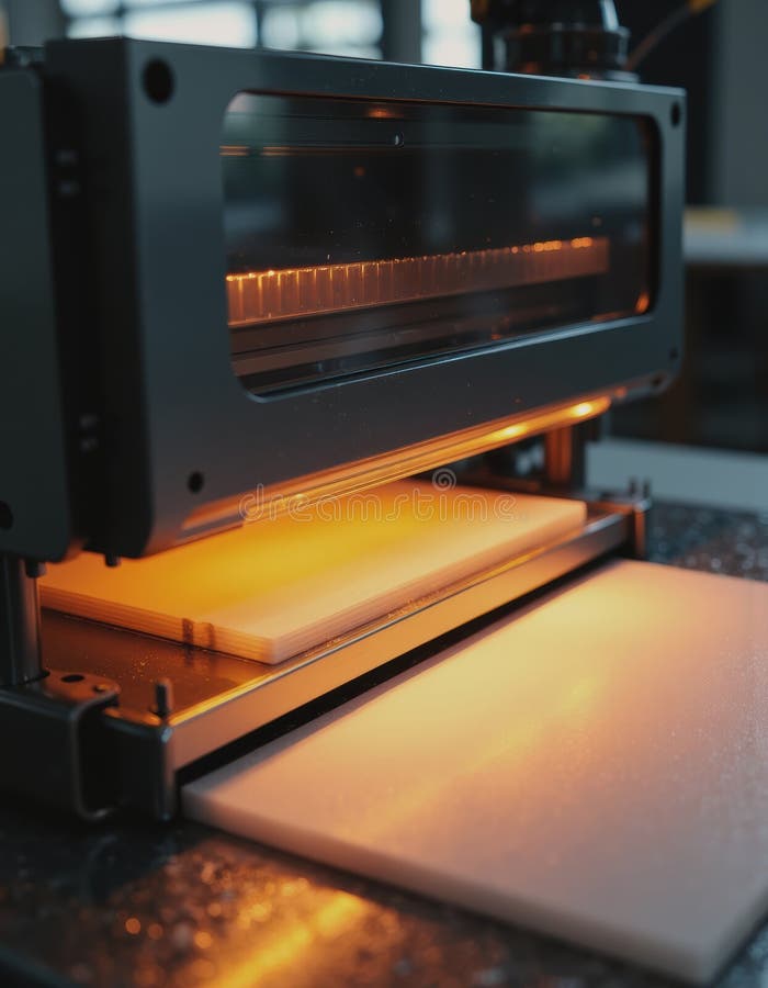 Vacuum Forming Machine with Heated Plastic Sheets in Operation Stock ...