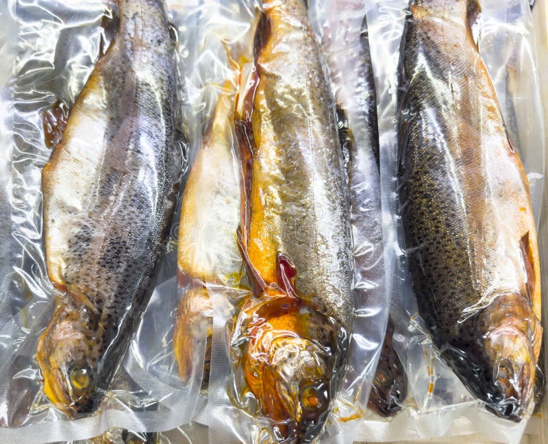 Vacuum Packaged Smoked Rainbow Trout Fish Isolated on White Background ...