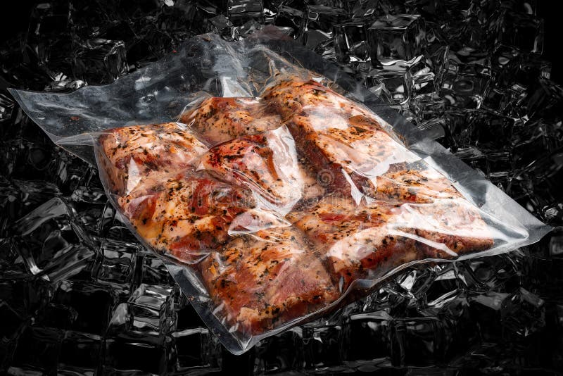 Vacuum-packed Meat, on Dark Ice Background, Pork Steak. Semifinished ...