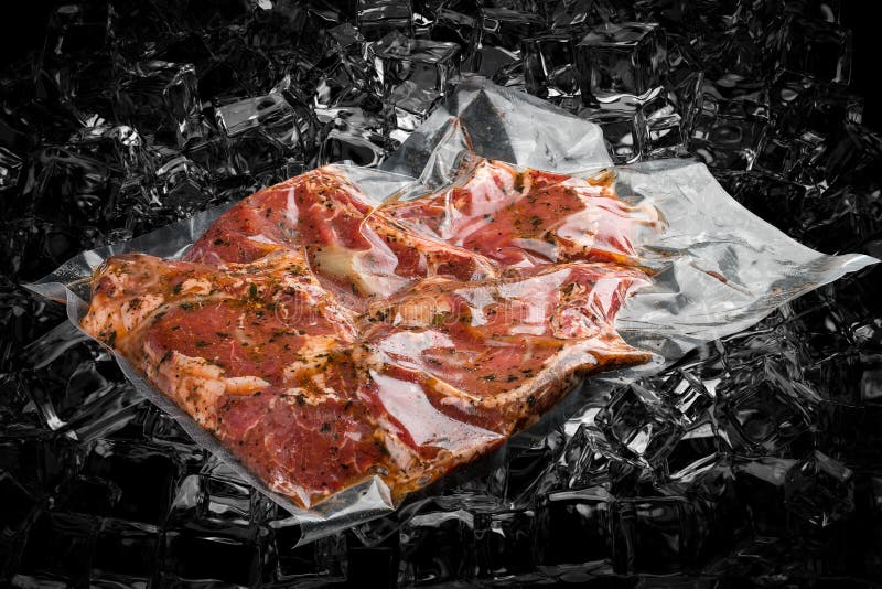 Vacuum-packed Meat, on Dark Ice Background, Veal Steak. Semifinished ...