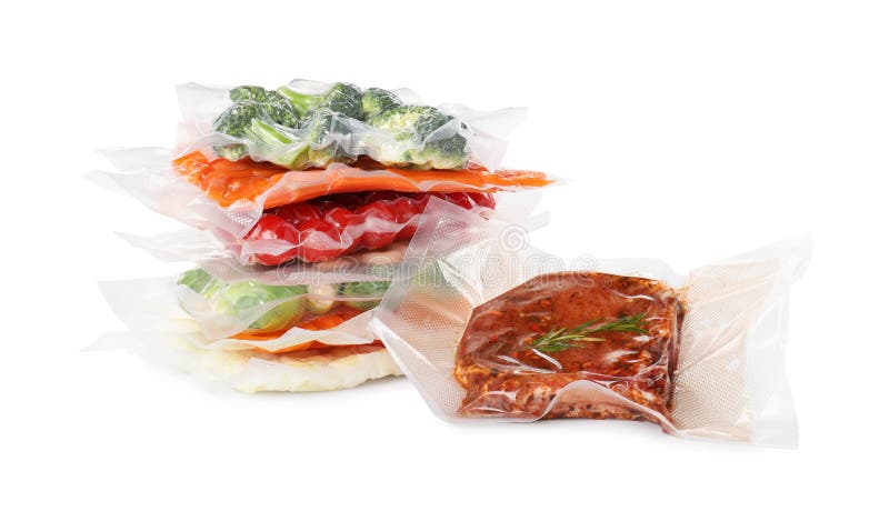 Vacuum Packs with Different Food Products on White Background Stock ...