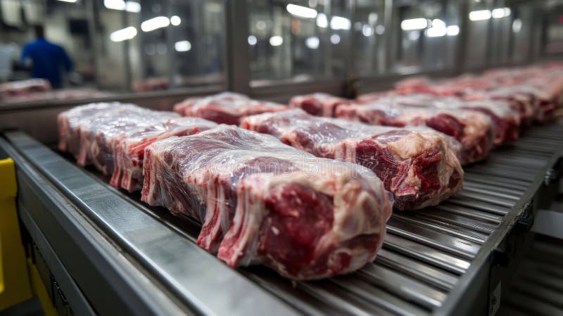 Vacuum-Sealed Beef Cuts on a Conveyor Belt in a Food Processing Plant Stock Image - Image of ...
