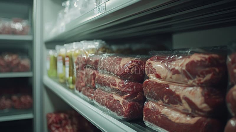 Vacuum Sealed Beef Packages on Refrigerator Shelves Stock Illustration ...