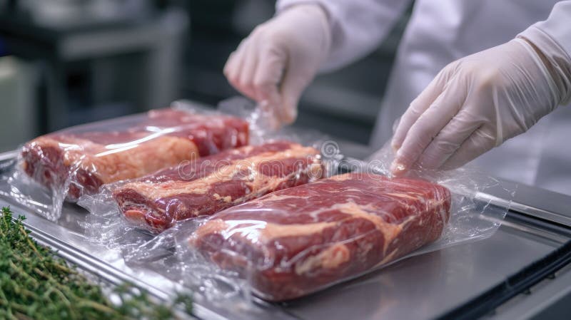 Vacuum-sealed Fresh Beef Packaging in Professional Kitchen Setting ...