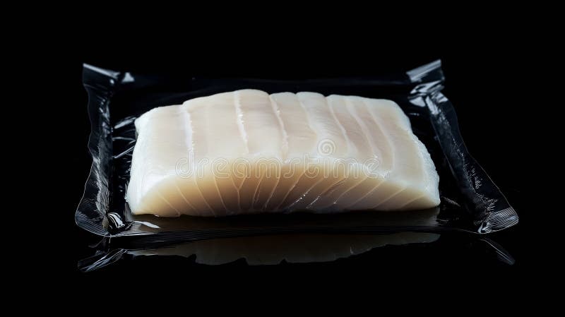 Vacuum-sealed Package of Sliced White Fish Fillets on a Sleek Black ...