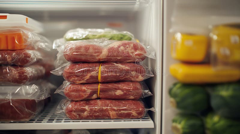 Vacuum-sealed Raw Meat Packages and Vegetables in a Refrigerator Stock ...